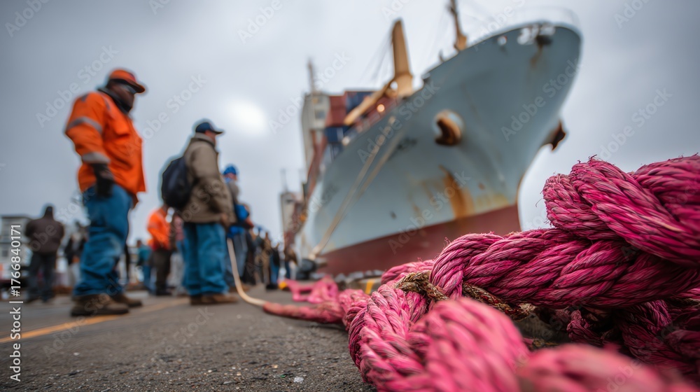 Dock workers securing ropes as a large cargo vessel arrives at the pier ...
