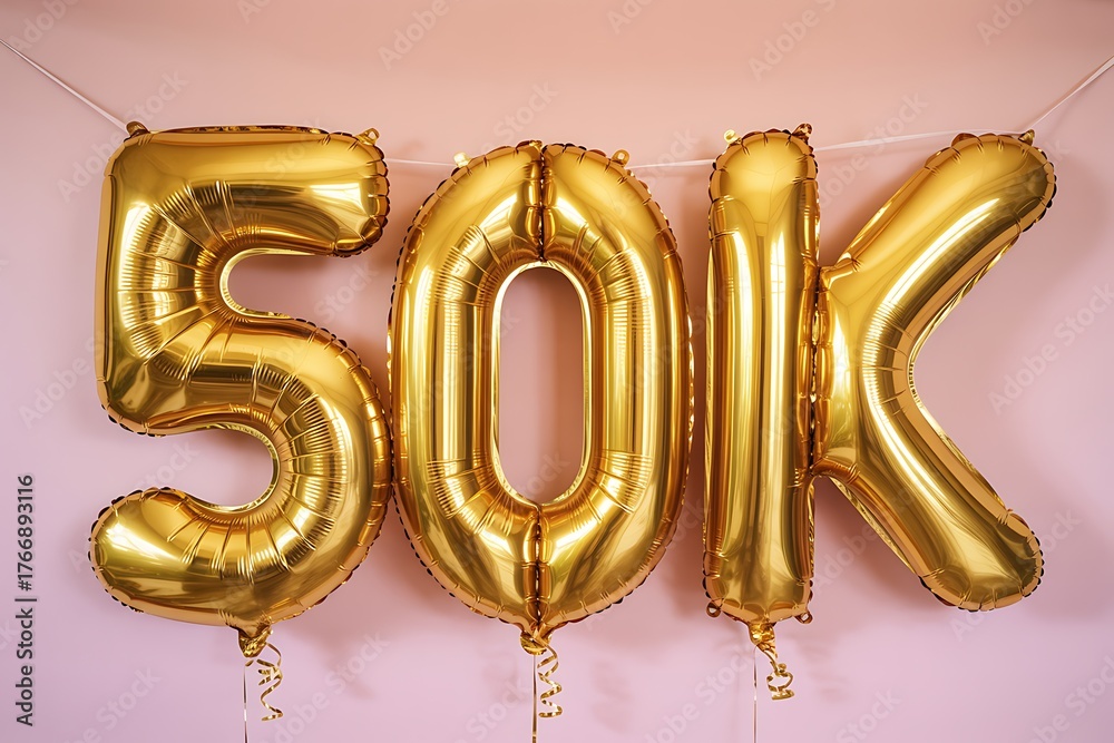 Shiny gold foil balloons spelling 50k celebrating a major milestone and ...