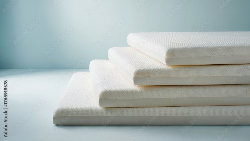 Stack of four white memory foam mattresses of different sizes on a ...