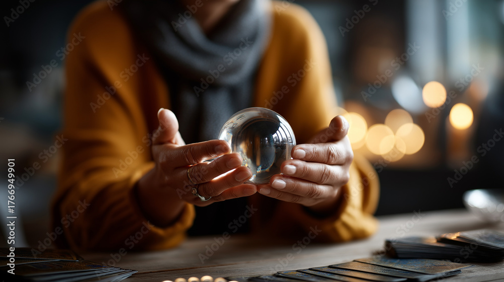 Overhead view of hands framing crystal ball no face visible divination ...