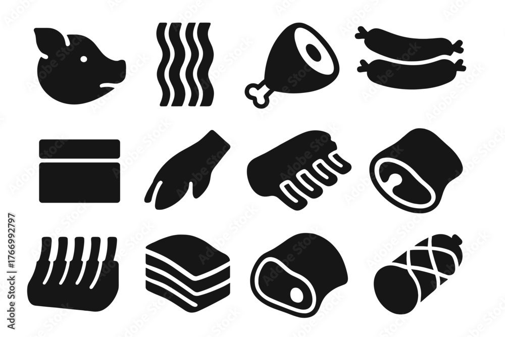 Pig Produce Icons. Solid style icons of Pig produce: pork cut, bacon ...