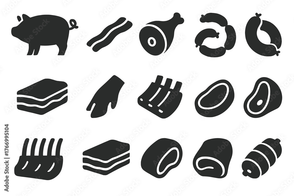 Pig Produce Icons. Solid style icons of Pig produce: pork cut, bacon ...