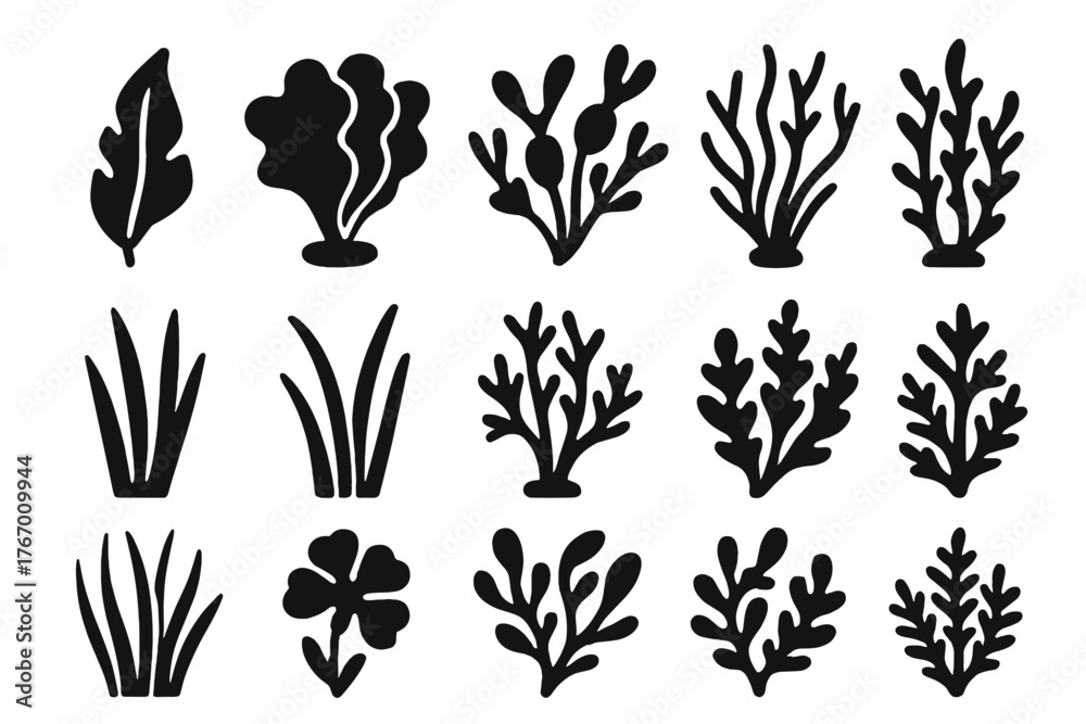 Tide Pool Plant Icons. Solid style icons of Tide Pool Plants: kelp leaf ...