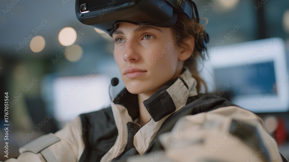 911 dispatcher wearing VR headset inside immersive training lab, fully ...