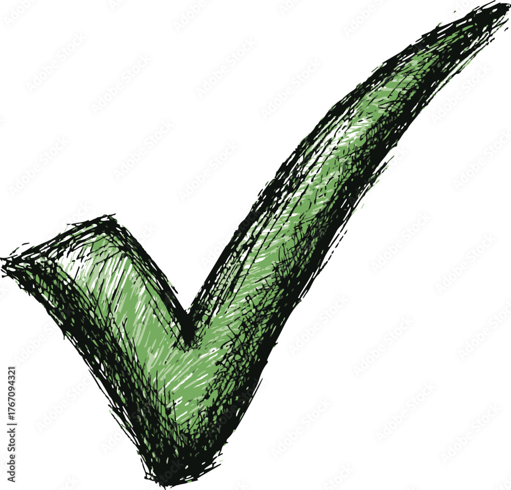 Green check mark sketch, hand drawn style, rough textured tick symbol ...