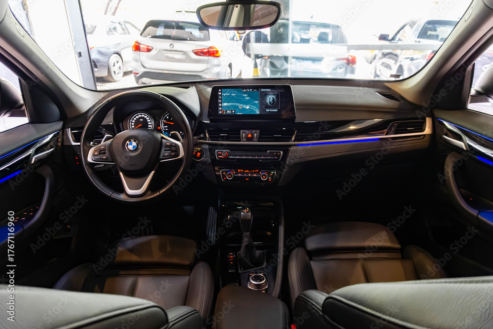 BMW X1 full interior cockpit with iDrive and ambient light, luxury SUV ...