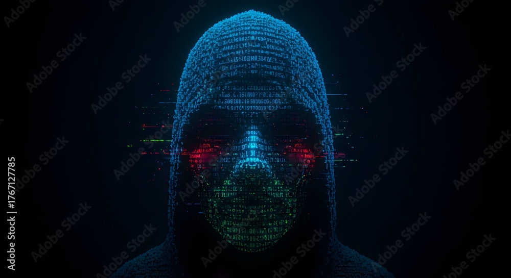 Digital Hacker Face Made of Binary Code and Glitch Effects Stock Photo ...