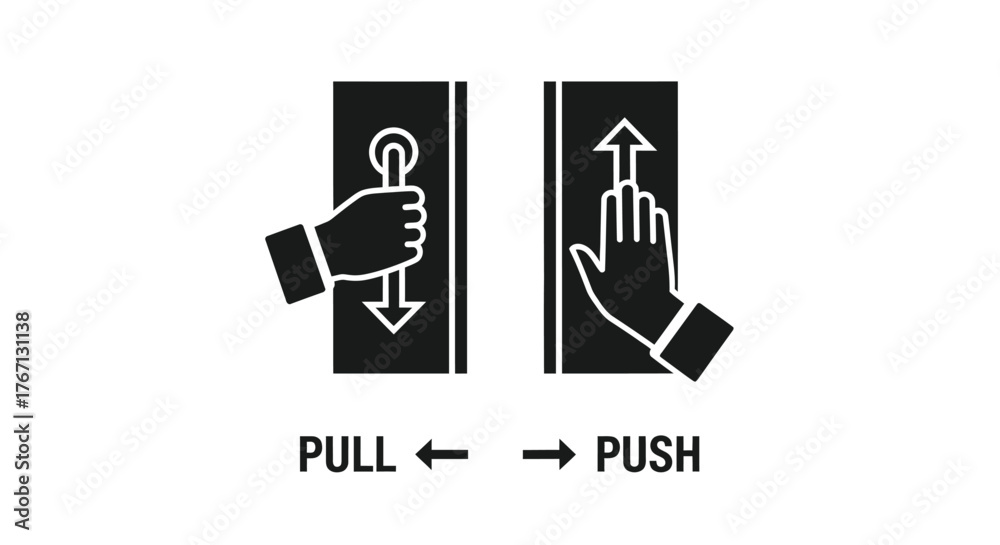 Black and white depiction of pull and push door symbols with hands ...
