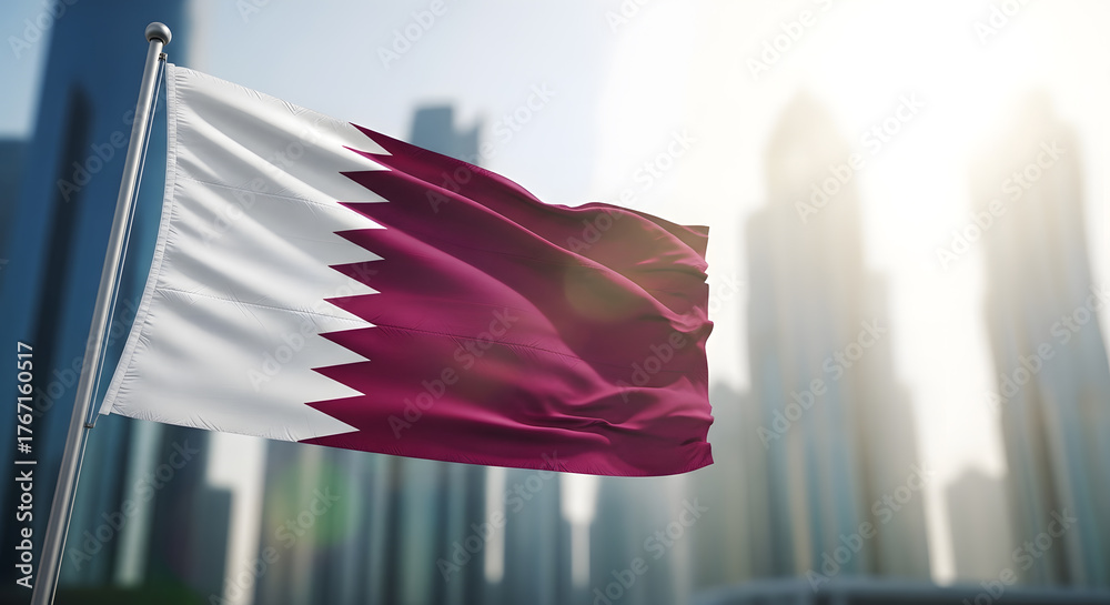 Photo Stock Qatar flag waving in the city, national symbol of the ...