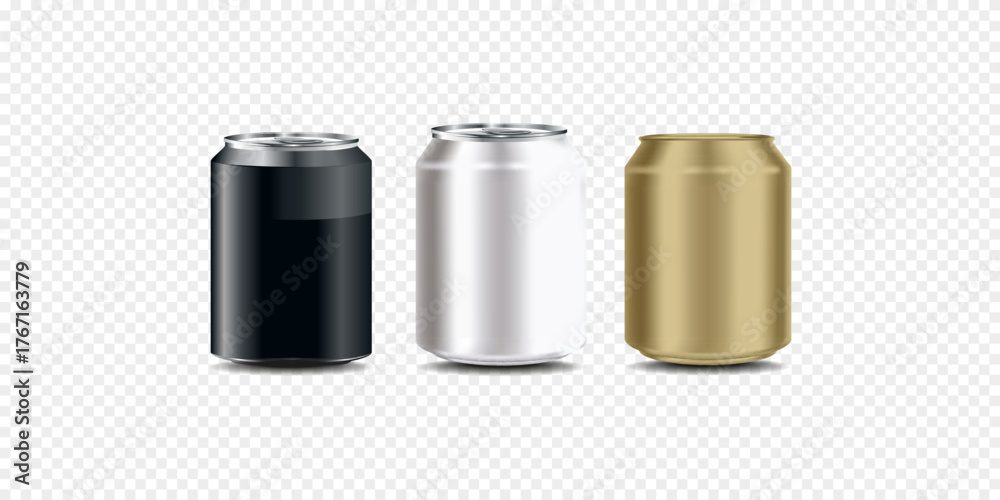 Vector realistic 3d empty glossy metal white, black and silver beer ...