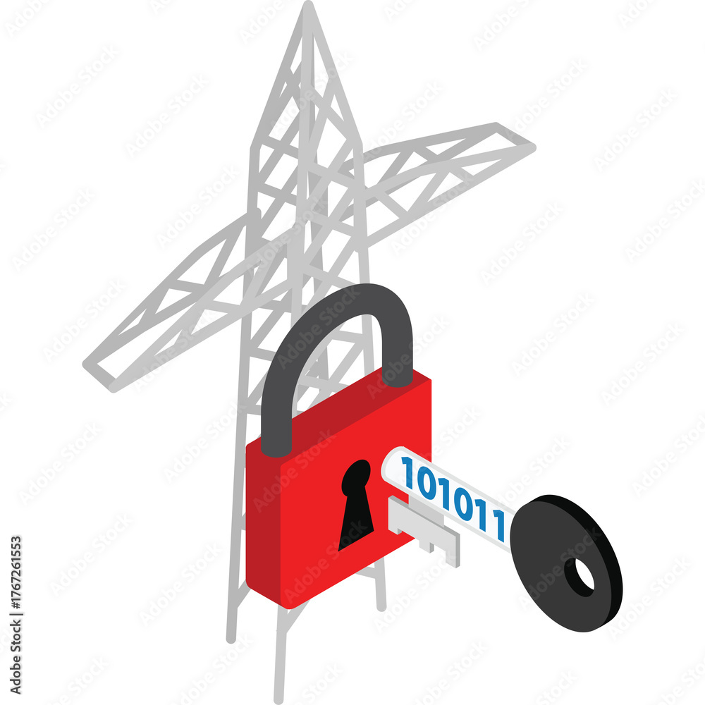 Digital Security Padlock and Key With Binary Code Overlaying A Power ...