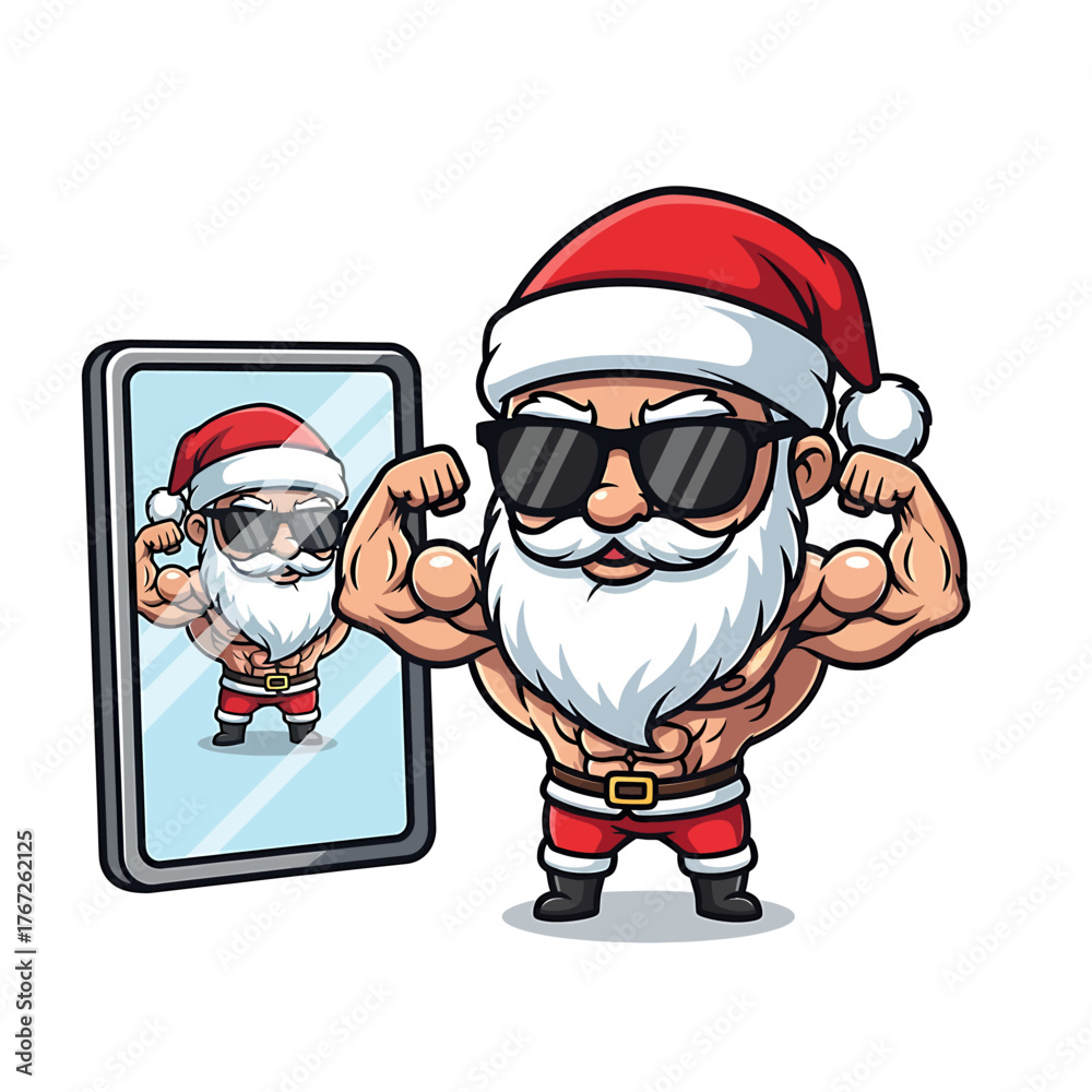 Cartoon of a muscular Santa Claus flexing in front of a mirror, wearing ...