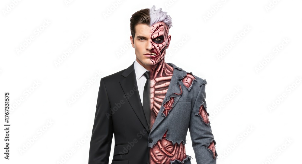 Ilustración de Stock Man in a two faced costume revealing skeletal and ...