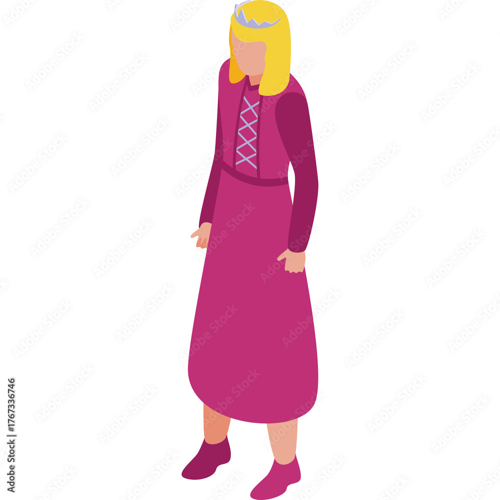 Full Body Isometric View Of A Blonde Princess Character In A Pink Dress ...