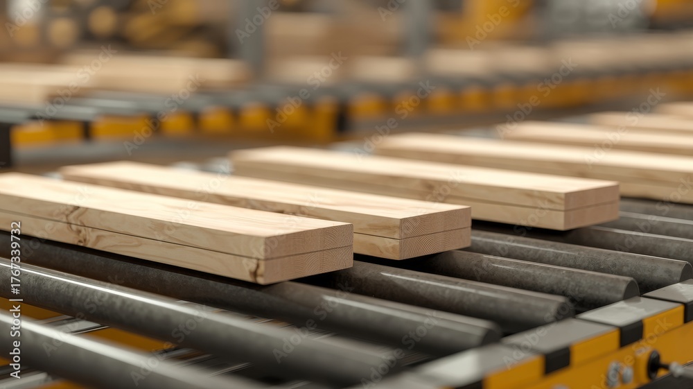 Lumber Mill Conveyor with Cut Wooden Planks. freshly cut wooden planks ...