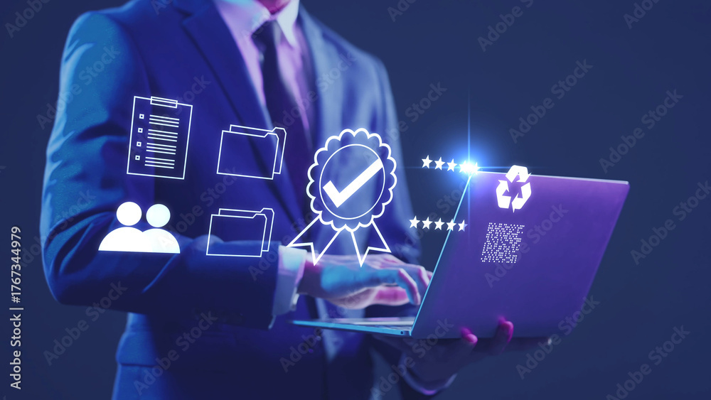 Corporate businessman completing a digital certify checklist for ...