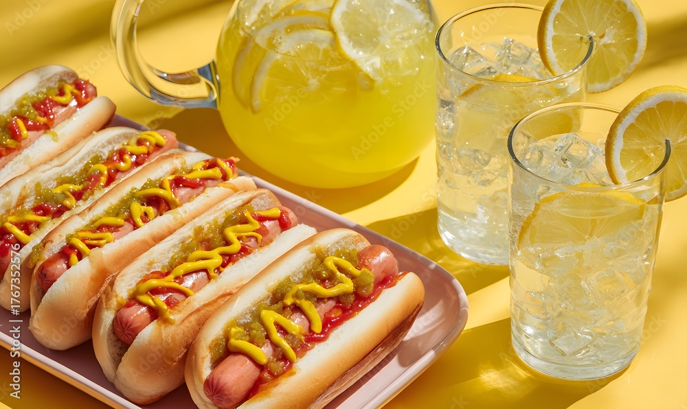 hot dogs and a glass pitcher and tumblers of bright yellow lemonade ...