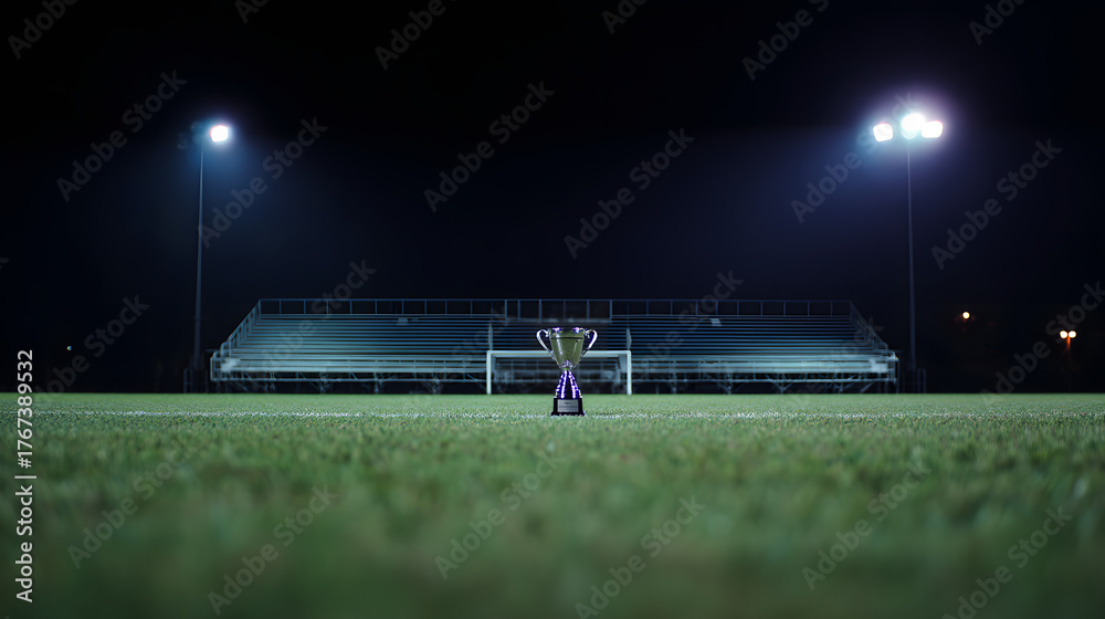 pitch. Empty soccer field at dusk with stadium lights and a trophy in ...