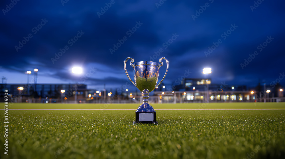 pitch. Empty soccer field at dusk with stadium lights and a trophy in ...