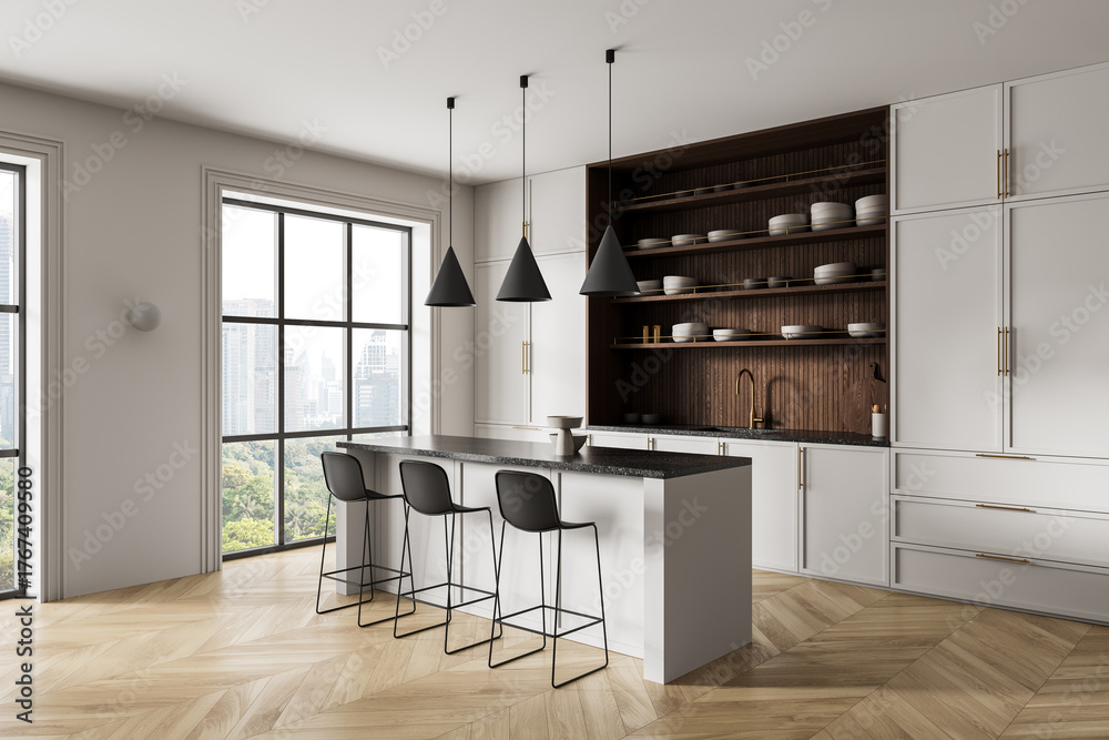 Modern kitchen interior with white cabinetry, wood accents, and ...