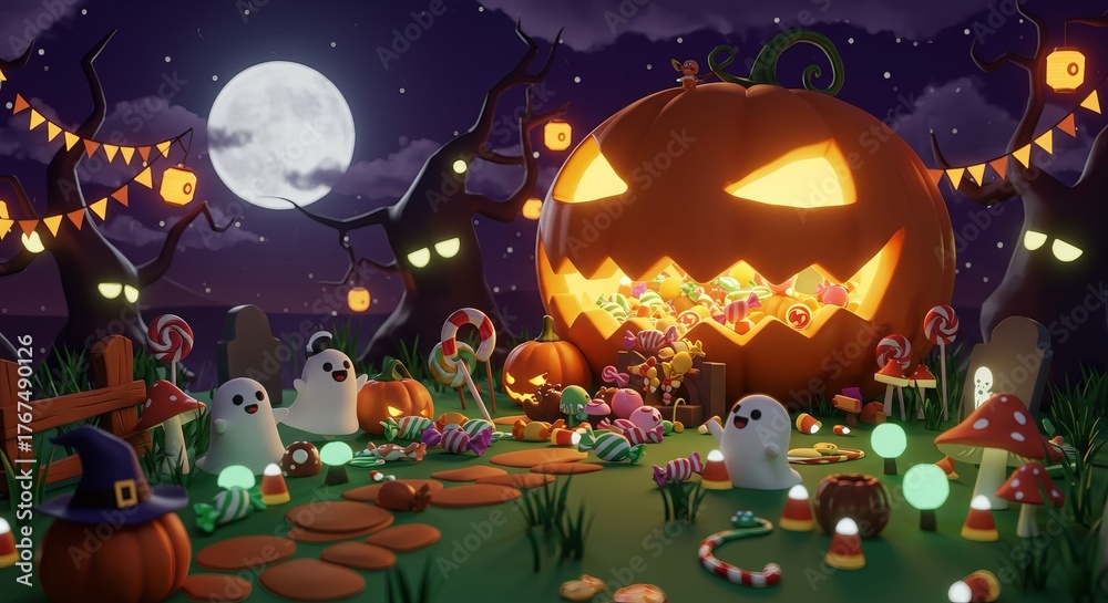 Photo Stock Spooky Cute Halloween Night: Giant Jack-o'-Lantern full of ...