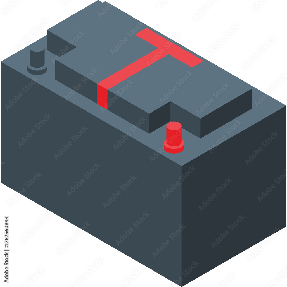 Gray Rectangular Car Battery with Red T Symbol and Red Terminal Caps on ...