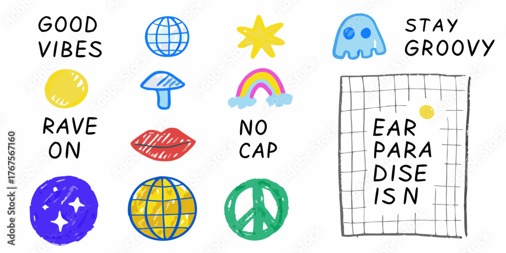 Collection of hand drawn doodles and phrases including good vibes stay ...