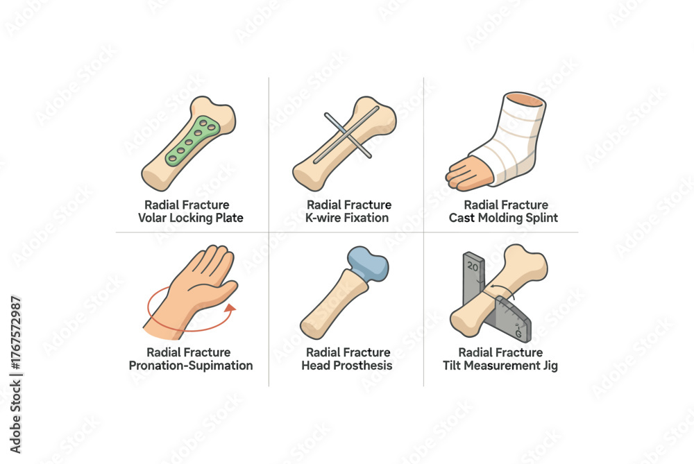 isometric icon items isolated on white background radial fracture volar ...