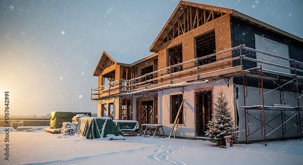 Construction site of a house in winter with snow and scaffolding Stock ...