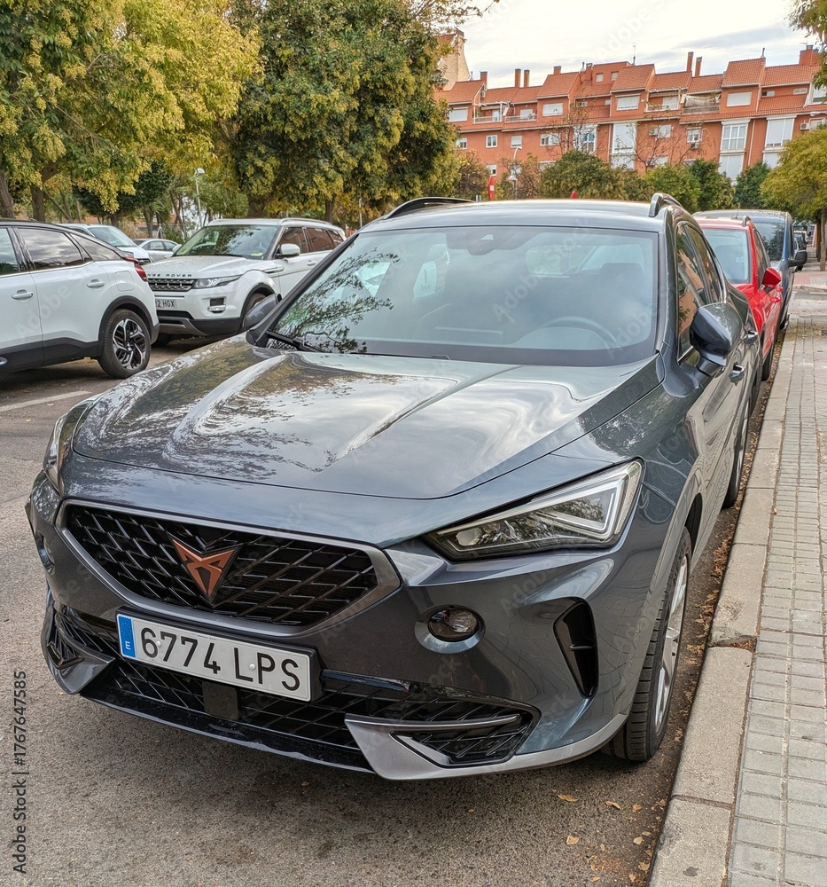 Vista frontal de un automóvil Cupra Formentor aparcado en una calle de ...