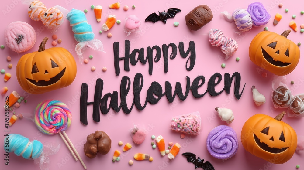 Happy Halloween with Colorful Candies and Pumpkins on Pink Background ...