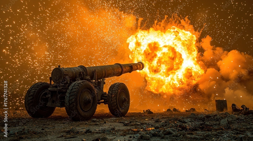 Cannon firing; large explosion of fire and sparks fills frame, ground ...