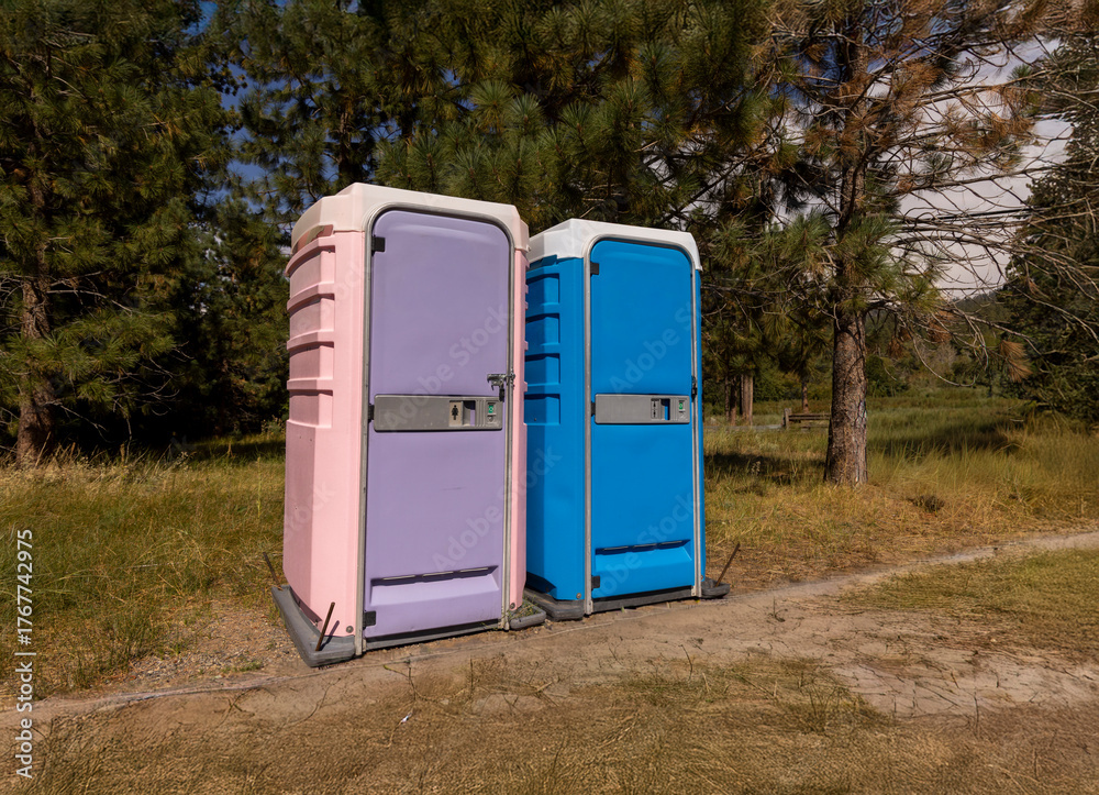 A pink and a blue portable restroom next to each other. The image is a ...