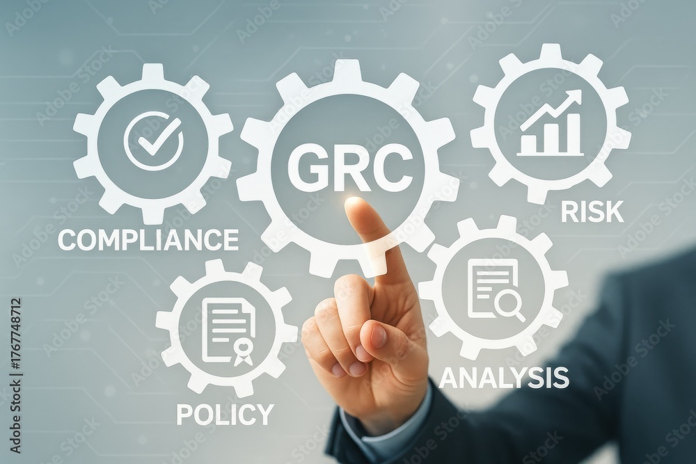 Businessman Touching Gears in Governance, Risk, and Compliance Concept ...