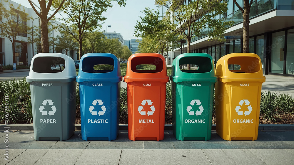 Five Colorful Recycling Bins in City Park. Recycling bins in a public ...