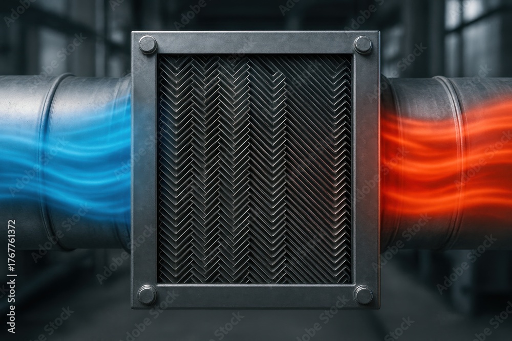 Industrial heat exchanger with blue and red airflow streams for cooling ...