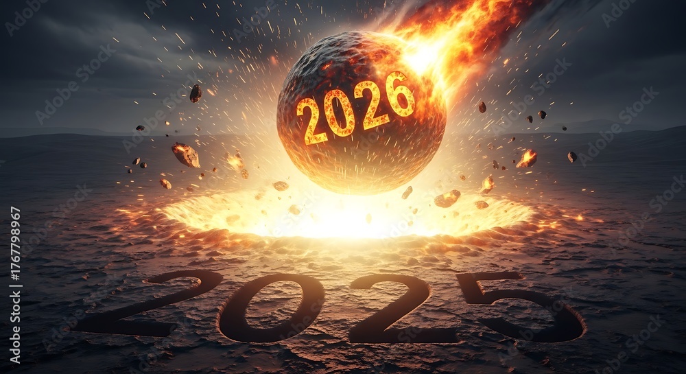 Dramatic depiction of a fiery asteroid labeled 2026 impacting earth ...