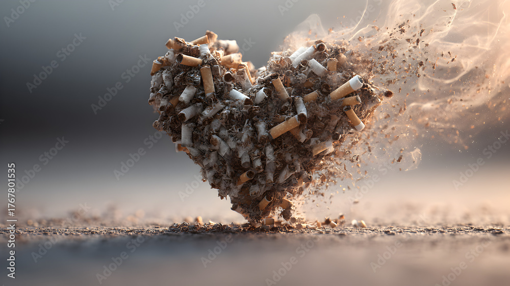 Heart made from cigarette butts disintegrating into ashes as a metaphor ...