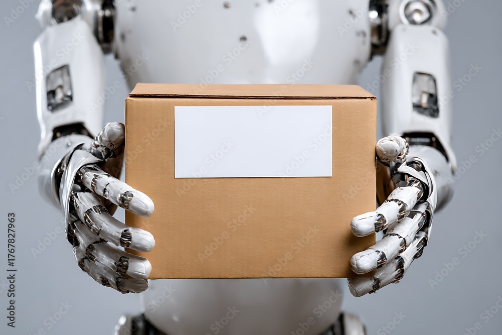 Robot holding a cardboard box with a blank label AI delivering a ...