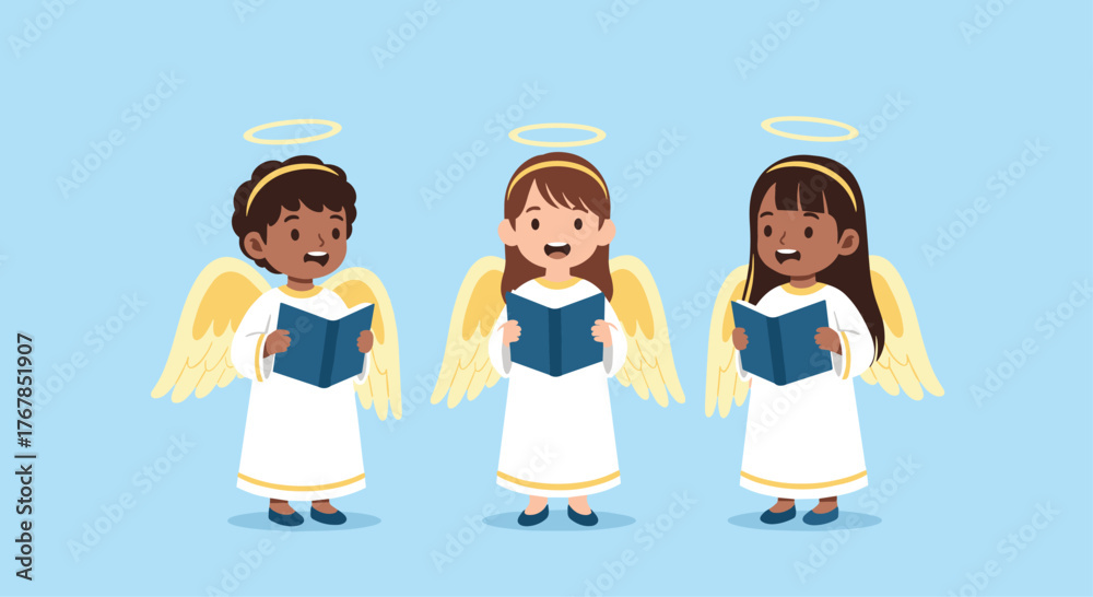A charming illustration depicting a trio of young angels singing from a ...
