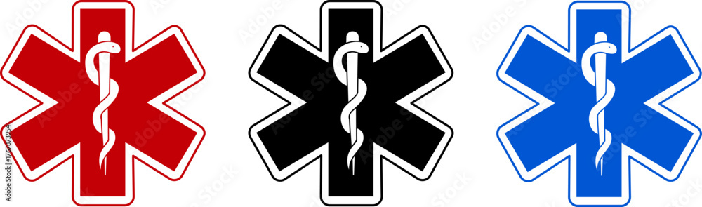 Star of Life medical emblems, red, black, and blue variations with the ...