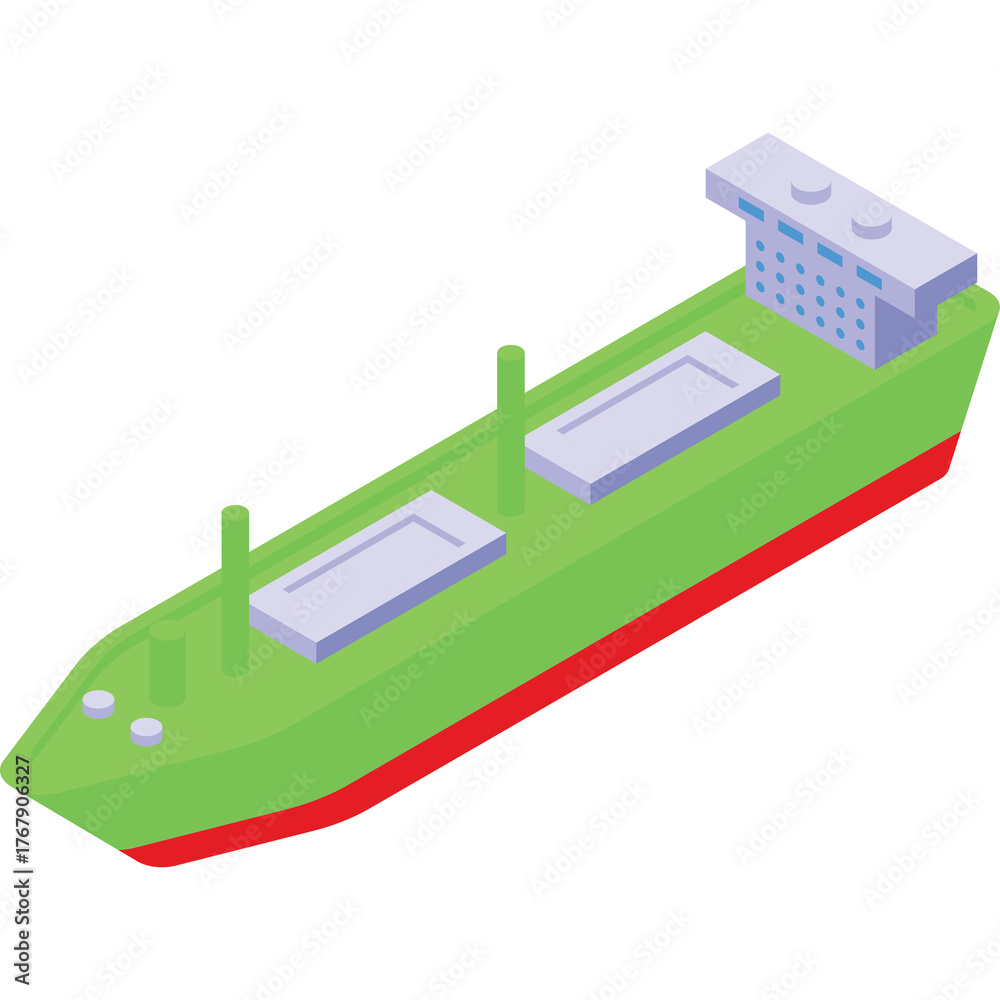 Green Cargo Ship With Red Hull Sailing On A Transparent Background In ...