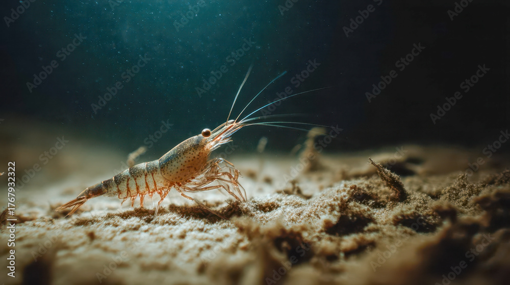 Shrimp on the ocean floor with a soft bioluminescent glow, an ...