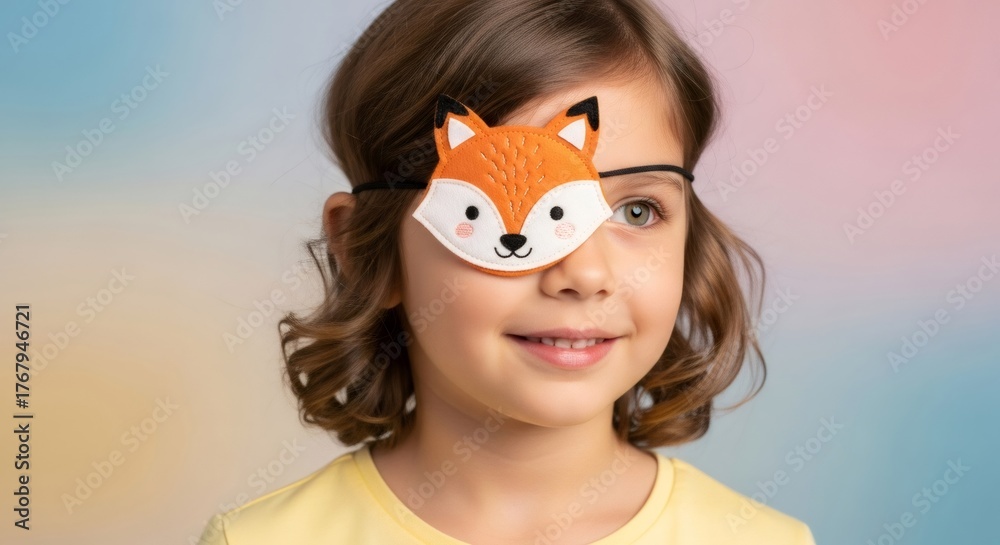 Smiling girl wearing an adorable fox eye patch over one eye to correct ...
