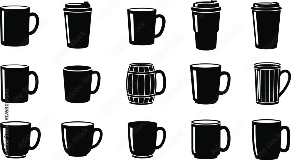 Black and white drinkware icon set featuring coffee mugs, travel cups ...