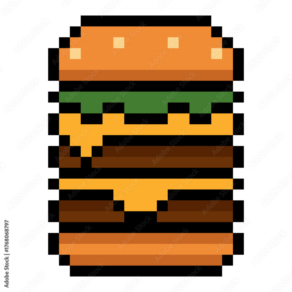 Double cheeseburger in pixel art style with lettuce and sesame bun ...