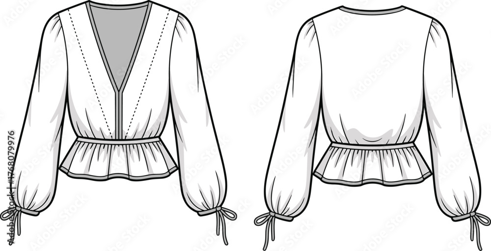 Women's blouse fashion sketch, technical garment drawing, puff sleeve ...