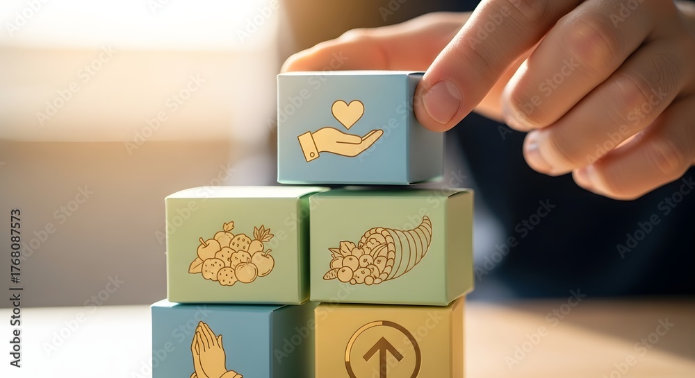 Person building a stack of wooden blocks adorned with symbols of ...