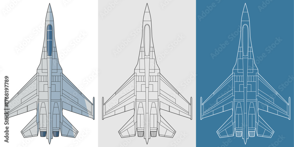 Set shenyang J16 military aircraft design in blueprint, lineart and ...