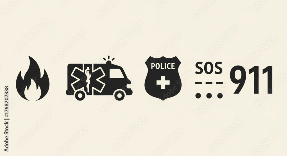 Emergency services icons depicting fire, ambulance, police badge, sos ...